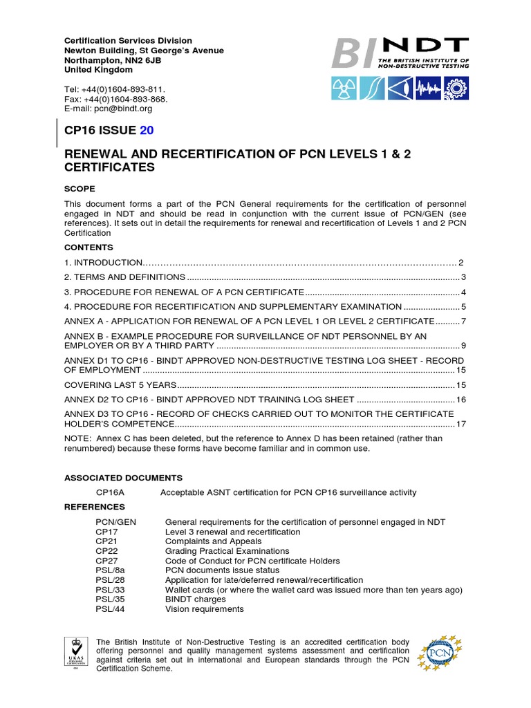Cp16 Issue Renewal and Recertification of PCN Levels 1 & 2 Certificates ...