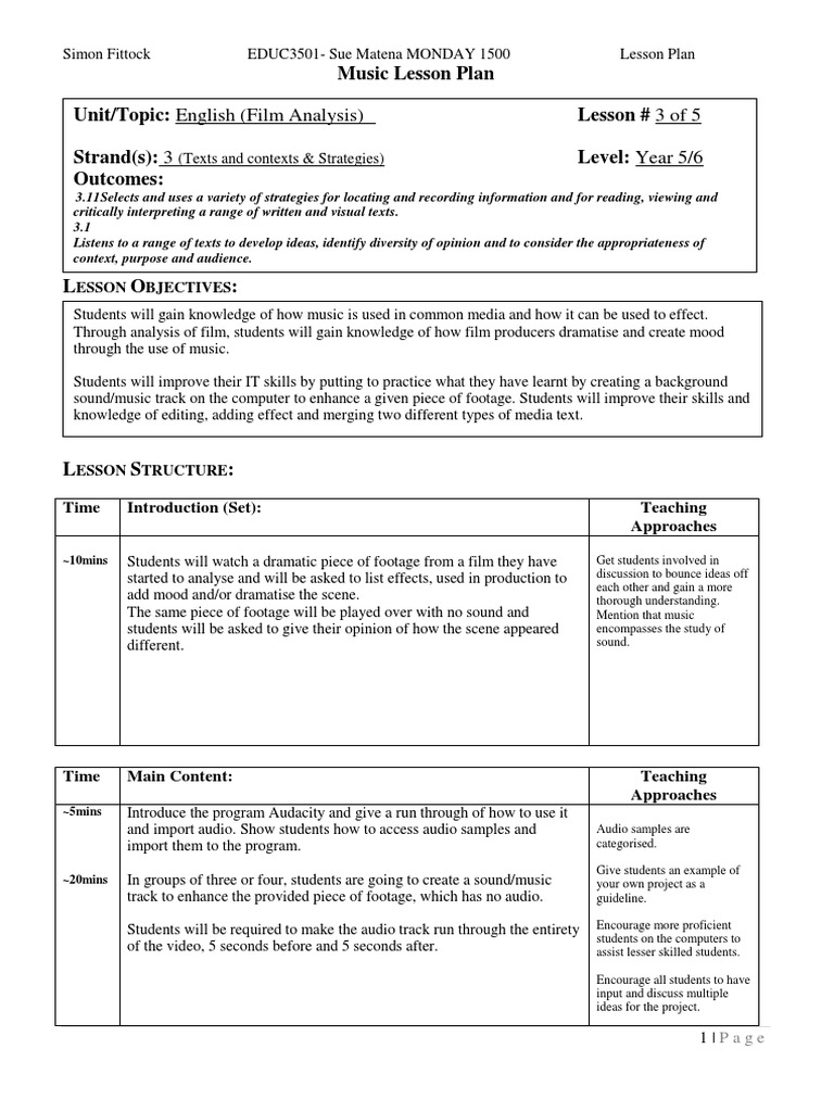 Music Lesson Plan Unit/Topic: English (Film Analysis) Lesson # 3 of 5 ...