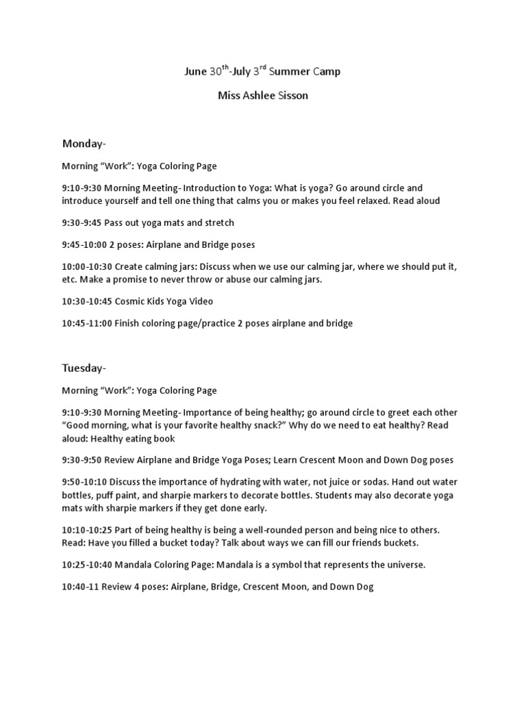 June 30 - July 3 Summer Camp Miss Ashlee Sisson: TH RD | PDF | Career ...