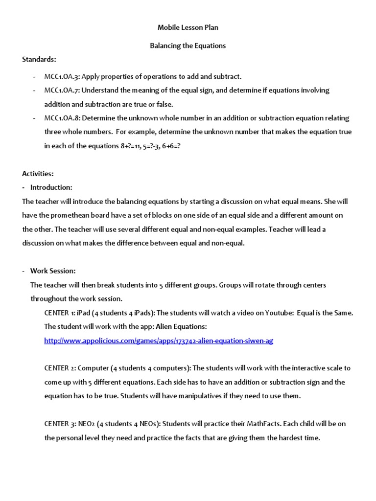 Mobile Lesson Plan Balancing The Equations Standards | Download Free PDF | Equations | Lesson Plan