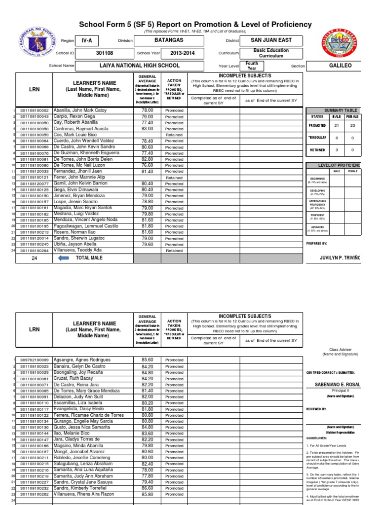 School Form 5 (SF 5) Report On Promotion & Level of Proficiency ...