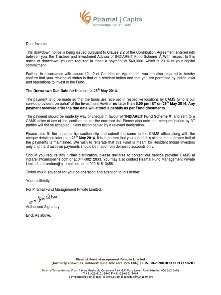 INDIAREIT Fund Scheme V - 2nd Drawdown Notice | PDF | Payments | Cheque