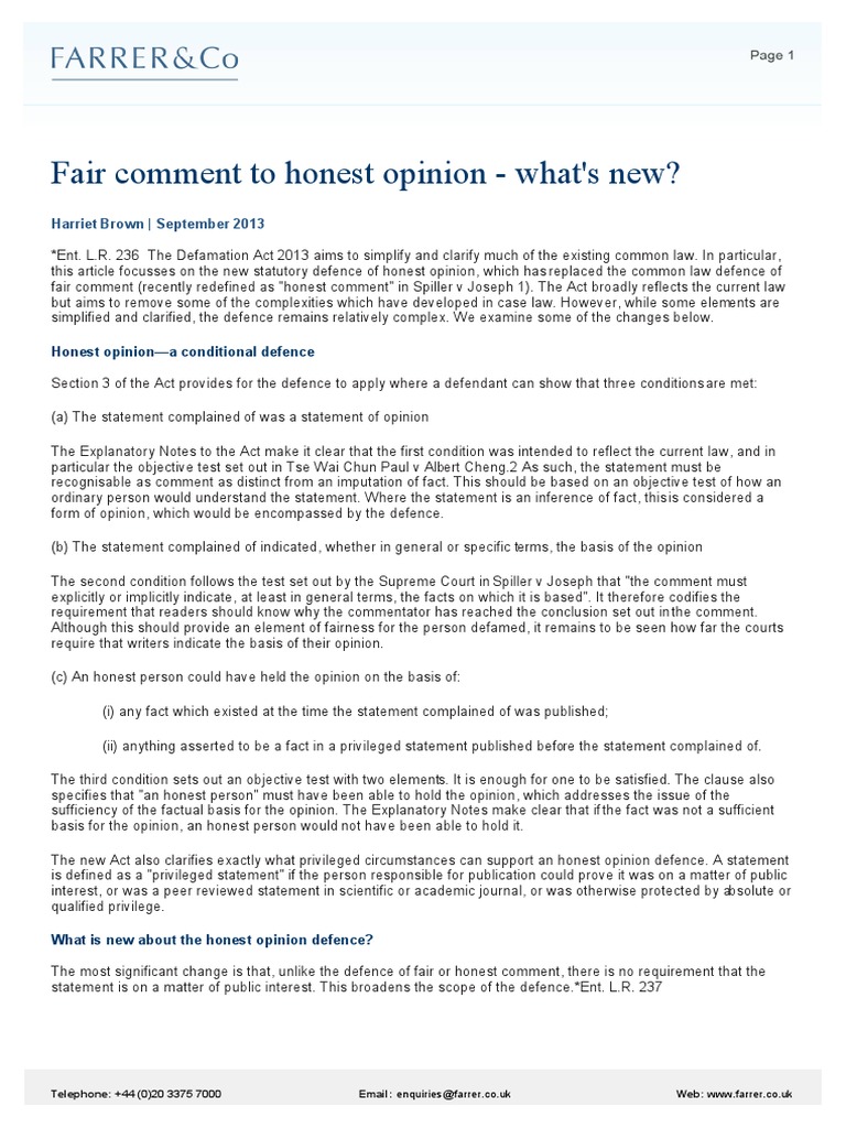 Fair Comment To Honest Opinion - Whats New | PDF | Justice | Crime ...
