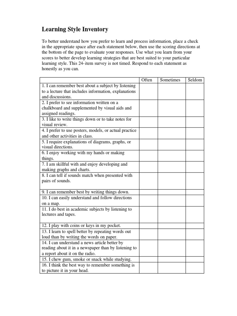 Learning Style Inventory Survey | PDF | Learning Styles | Reading (Process)