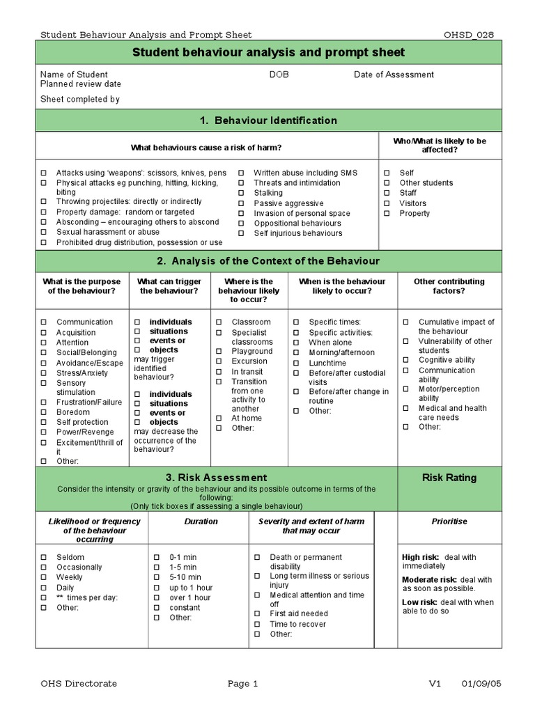 Student Behaviour Analysis and Prompt Sheet | PDF | Behavior ...