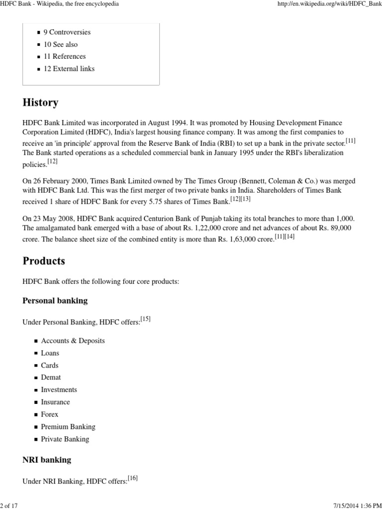 HDFC Bank History and Services Overview | PDF | Reserve Bank Of India ...