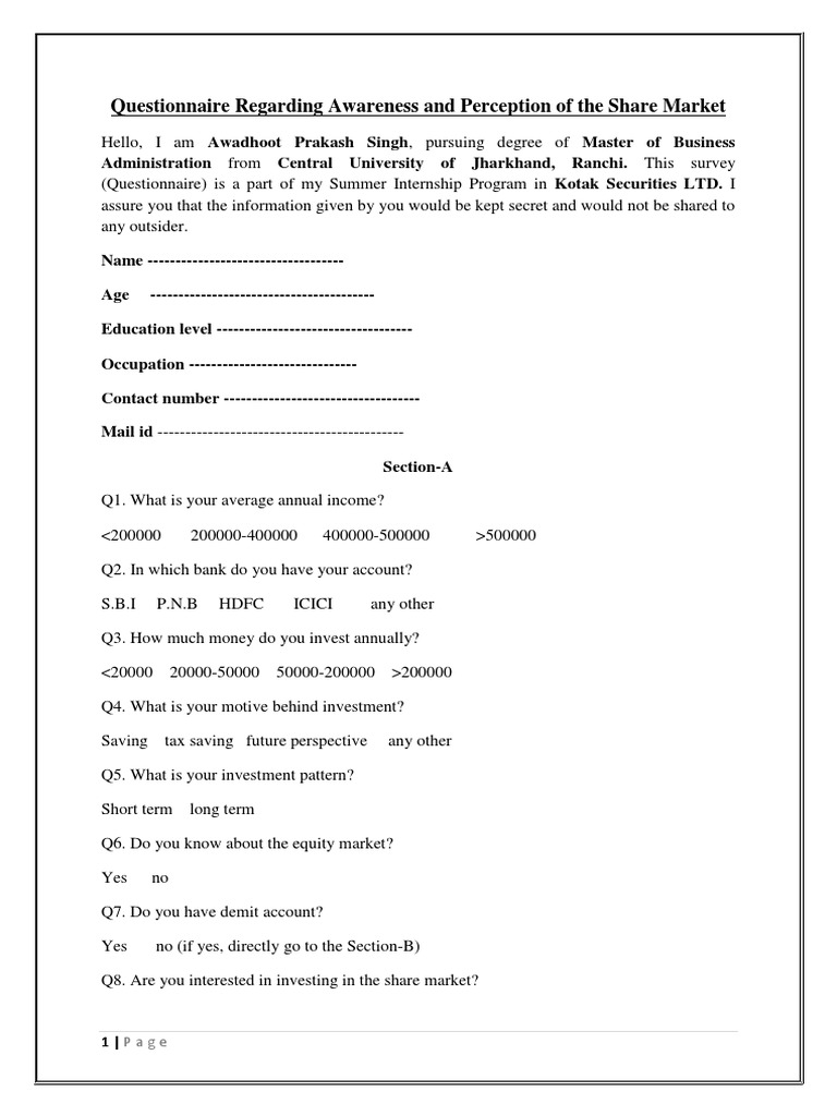Stock Market Awareness Questionnaire | PDF | Stock Market | Stocks