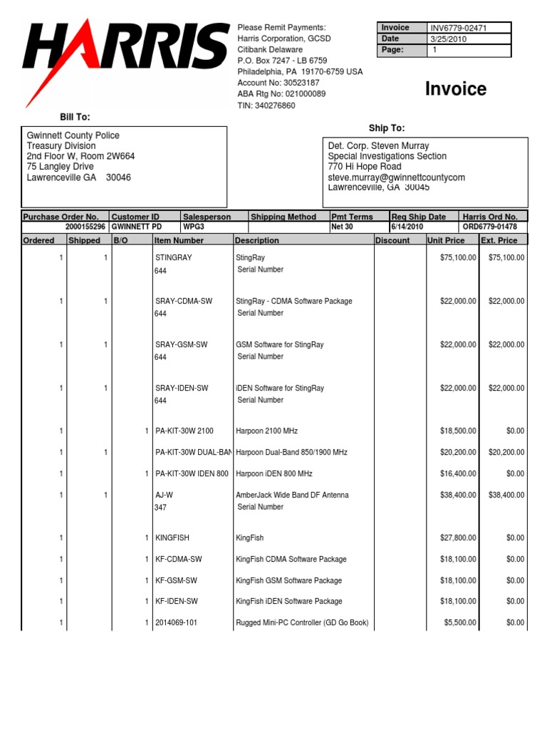 Harris Stingray Invoice: Gwinnett County Police Department (2010)