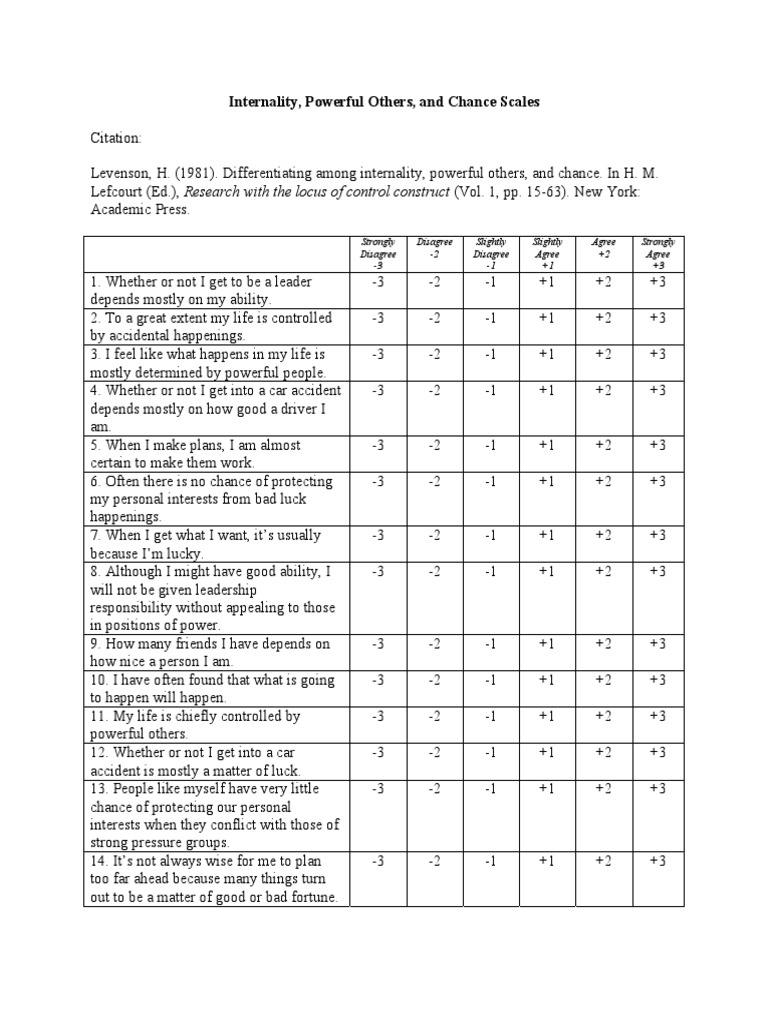 Internality, Powerful Others, and Chance Scales | PDF | Luck ...