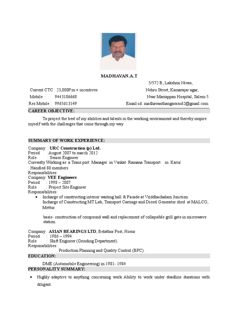 Resume of A.t.madhavan | PDF