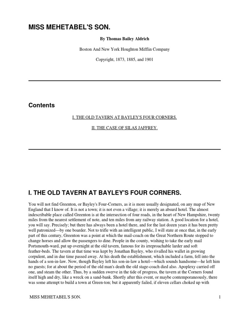 Miss Mehetabel's Son by Aldrich, Thomas Bailey, 1836-1907 | PDF ...