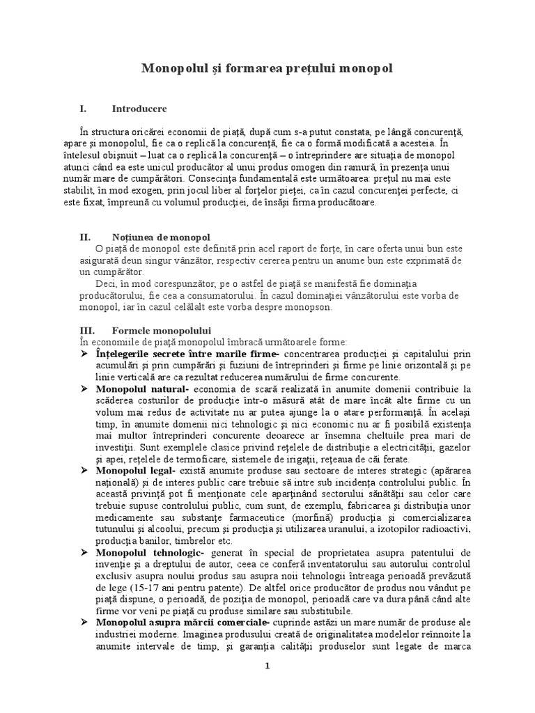 Monopolul Si Formarea Pretului Monopol | PDF