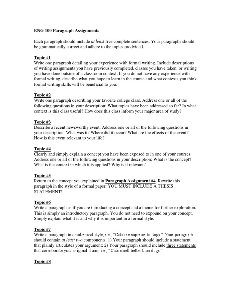 ENG 100 Paragraph Assignments | PDF | Bracket | Paragraph