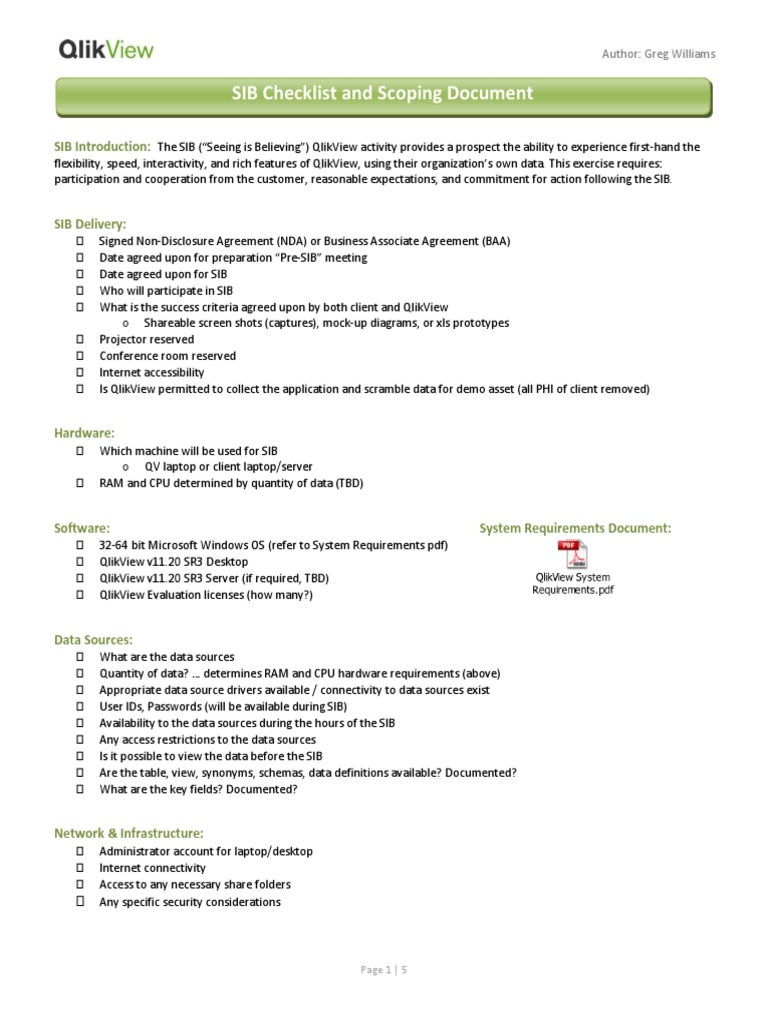 SIB Checklist and Scoping Document v1 | PDF | Use Case | Databases