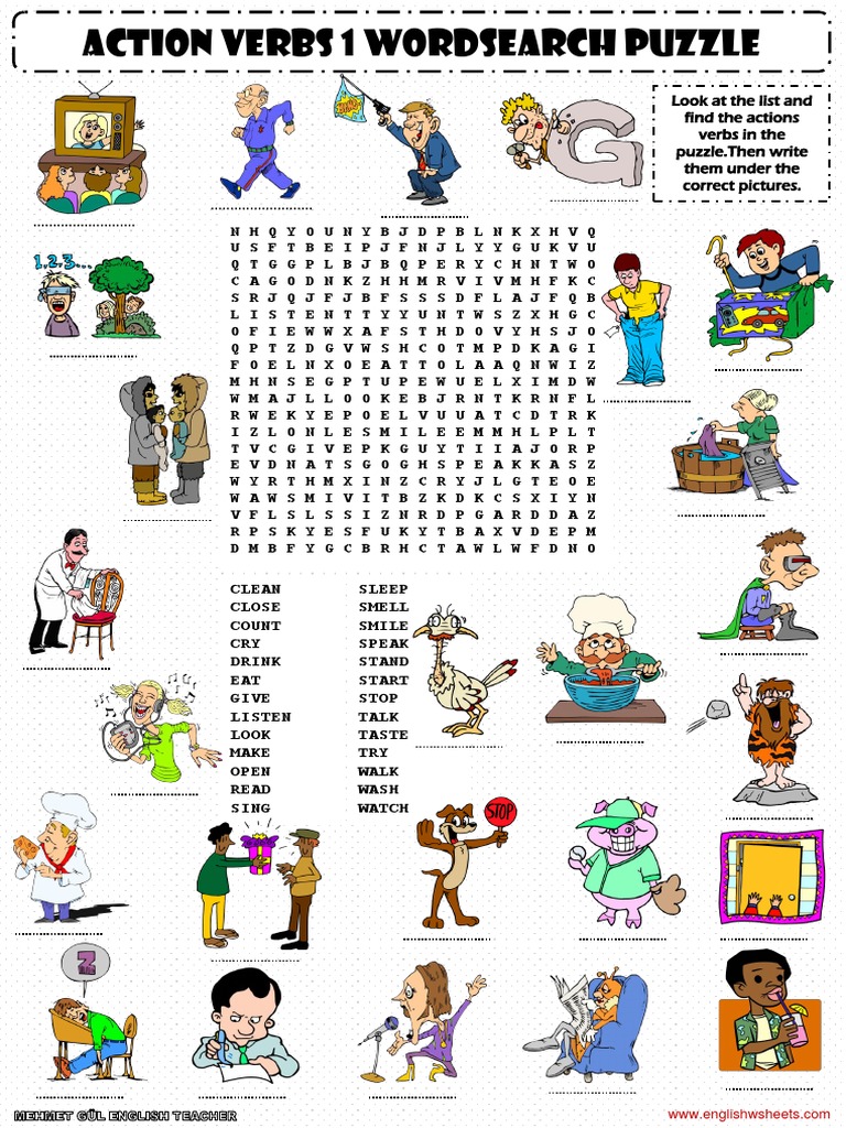 Action Verbs 1 Vocabulary Worksheet Wordsearch Puzzle | PDF