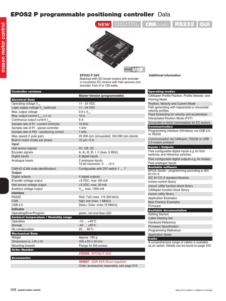 EPOS2 P Programmable Positioning Controller Data | PDF | Usb | Input/Output