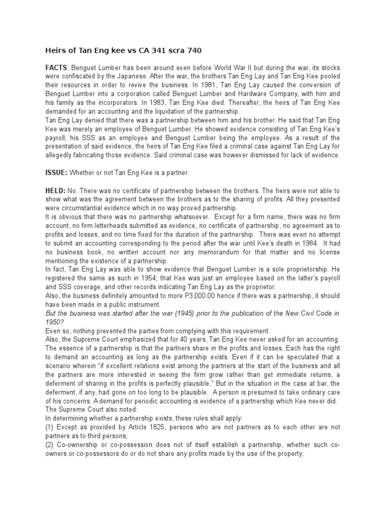 Heirs of Tan Eng Kee Vs CA 341 Scra 740 | PDF | Partnership | Reinsurance