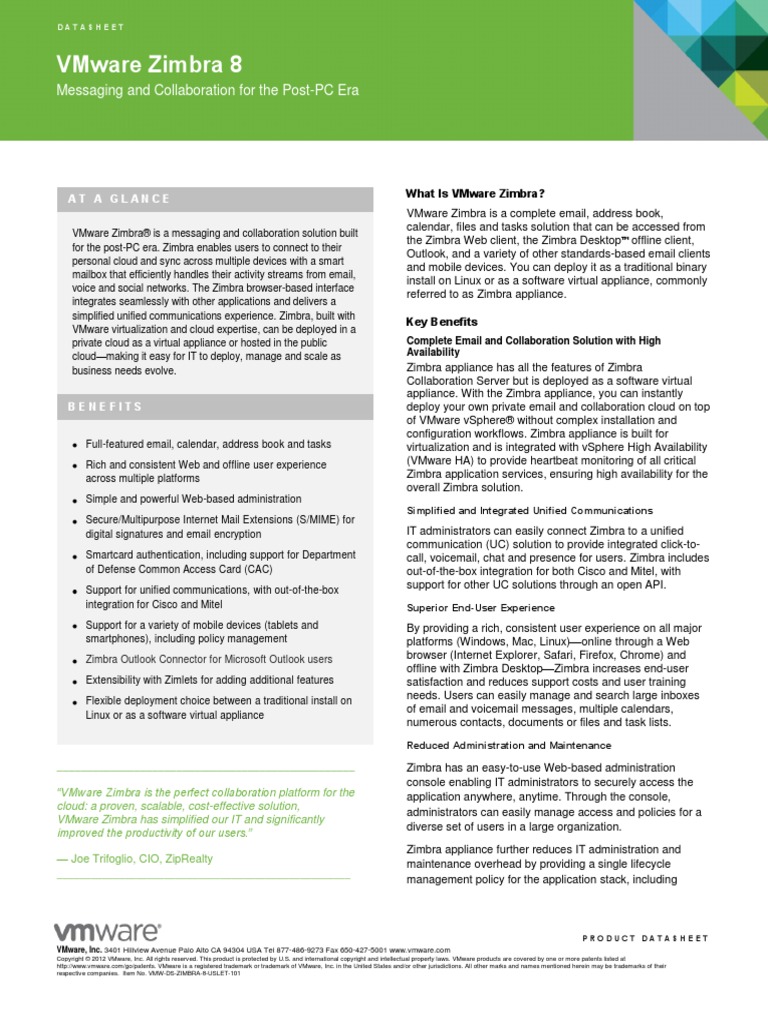 VMware Zimbra Datasheet 8.0 | PDF | Email | Cloud Computing