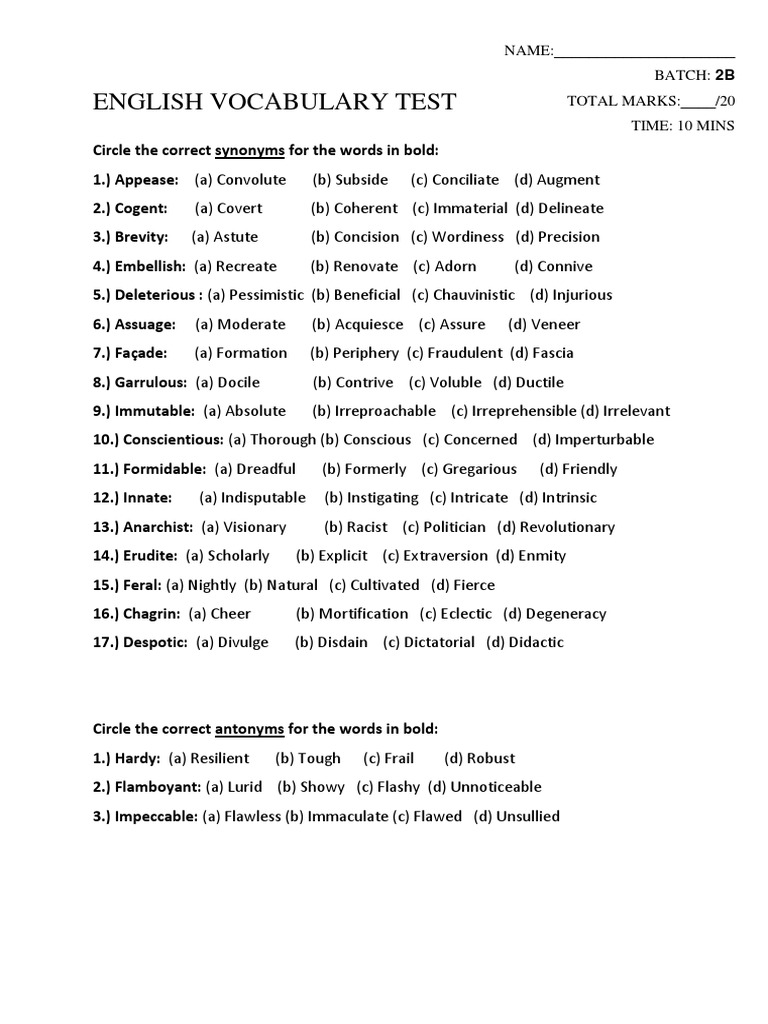 English Vocabulary Test Exercise | PDF
