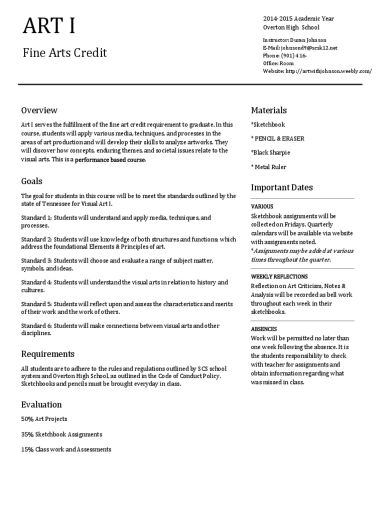 Art I Syllabus | PDF | Fine Art | Pedagogy