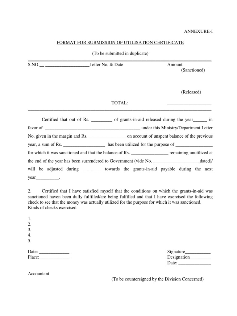 Format For Utilization Certificate | PDF