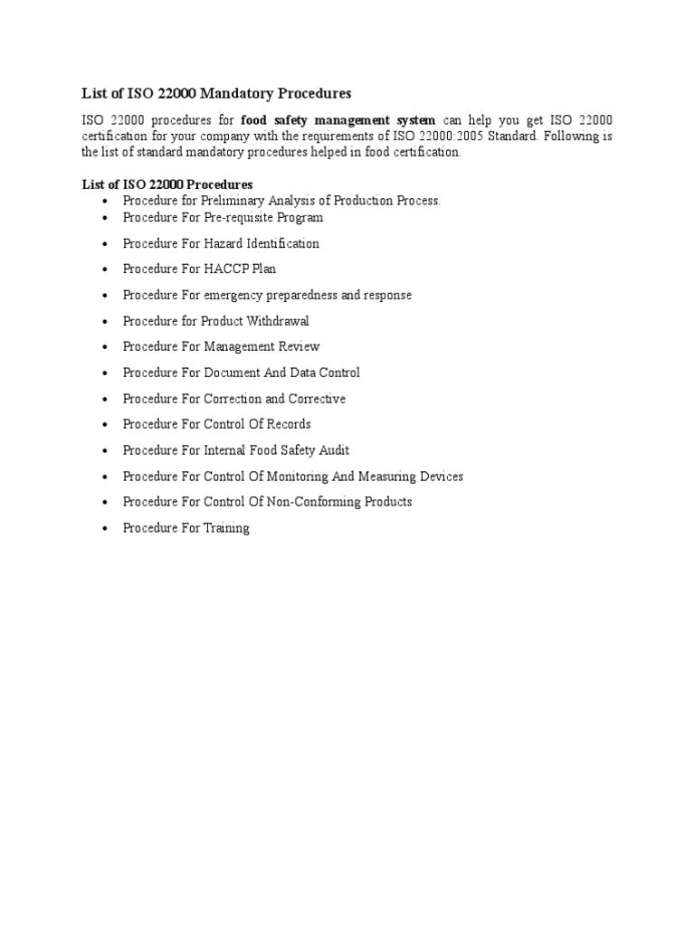 ISO 22000 Mandatory Procedures List | PDF