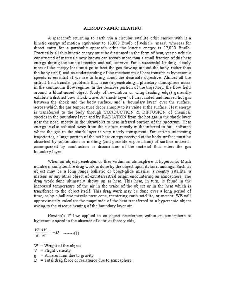 Aerodynamic Heating: D DT DV G W | PDF | Atmospheric Entry | Aerodynamics