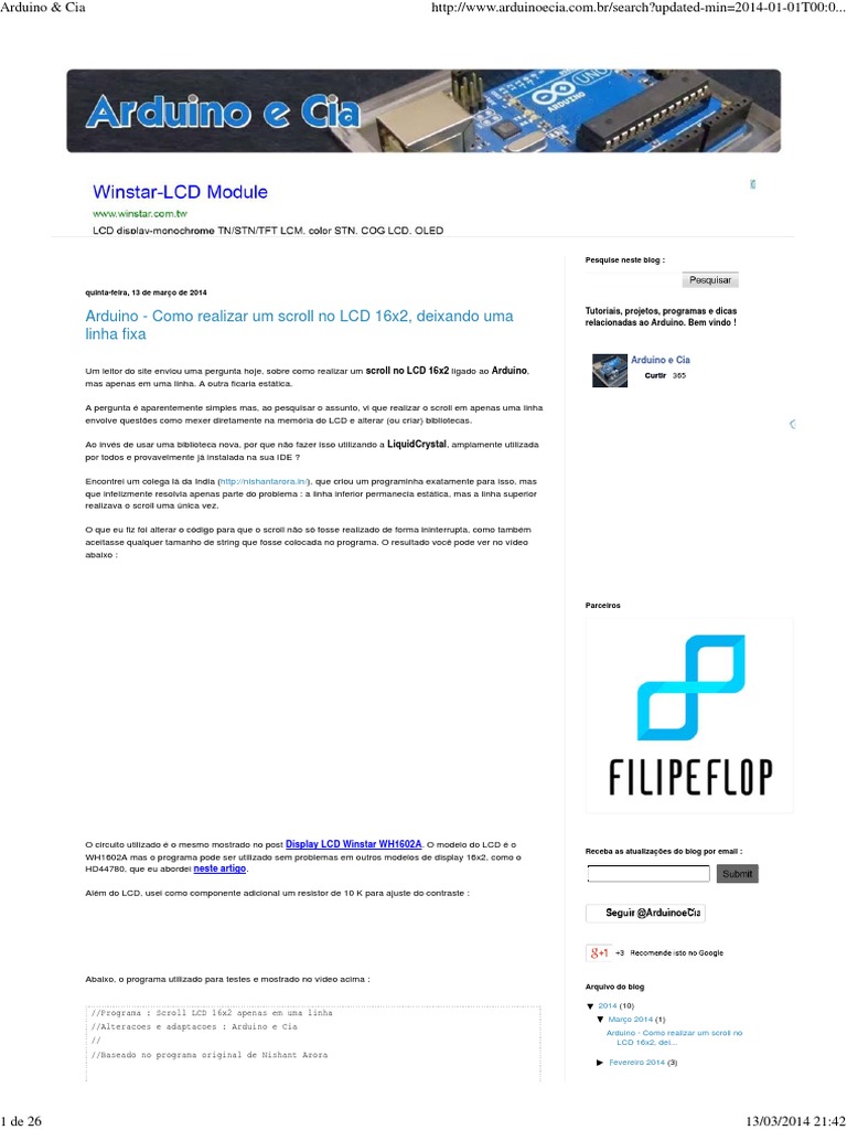 Como Fazer Um Scroll Com O Lcd 16x2 Arduino And Cia Download Grátis Pdf Arduino Rede Elétrica