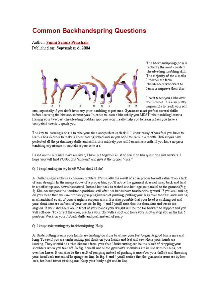 Common Back Handspring Questions | PDF | Gymnastics | Cheerleading