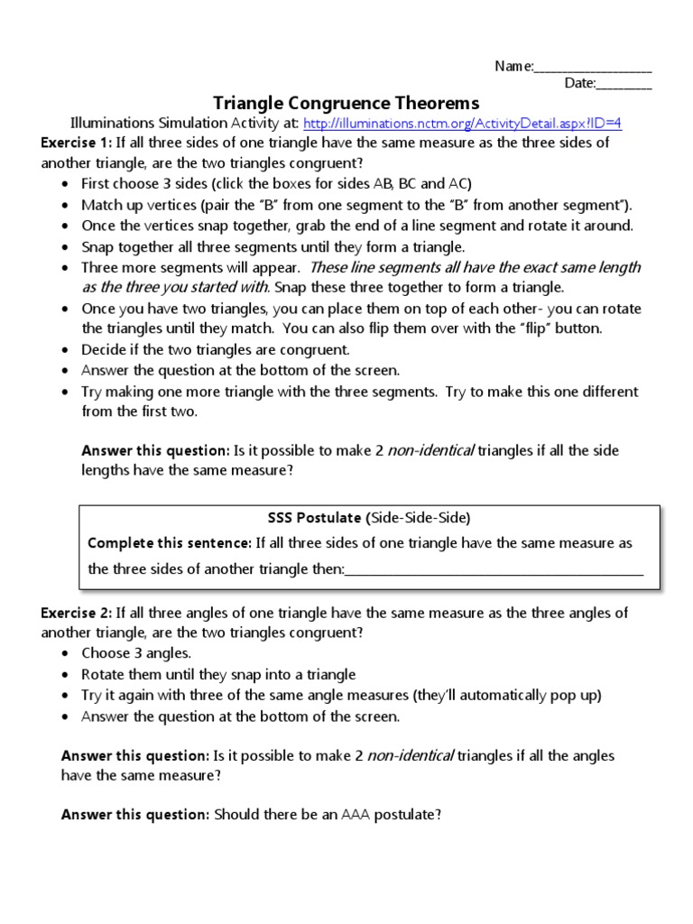 Triangle Congruence Theorems Activity | PDF | Geometric Shapes | Triangle