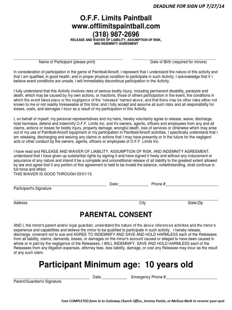 O.F.F. Limits Paintball Waiver Form | PDF | Indemnity | Legal Concepts