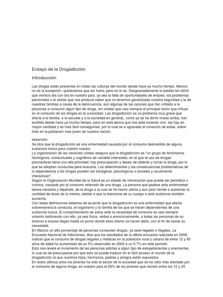 Ensayo Sobre La Drogadicción | PDF | La dependencia de sustancias | Drogas