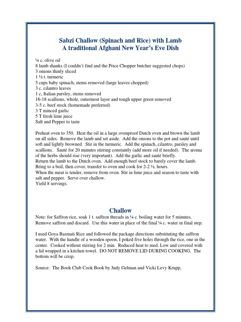 Afghani Sabzi Challow with Lamb Recipe | PDF | Cooking, Food & Wine