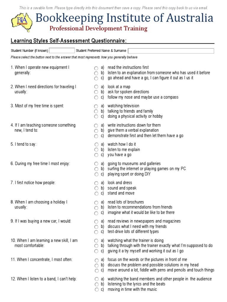 Cert IV BIA Self Assessment Questionnaire | PDF | Debits And Credits ...