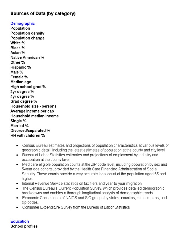 Sources of Data (By Category) | PDF | Index (Economics) | Demography