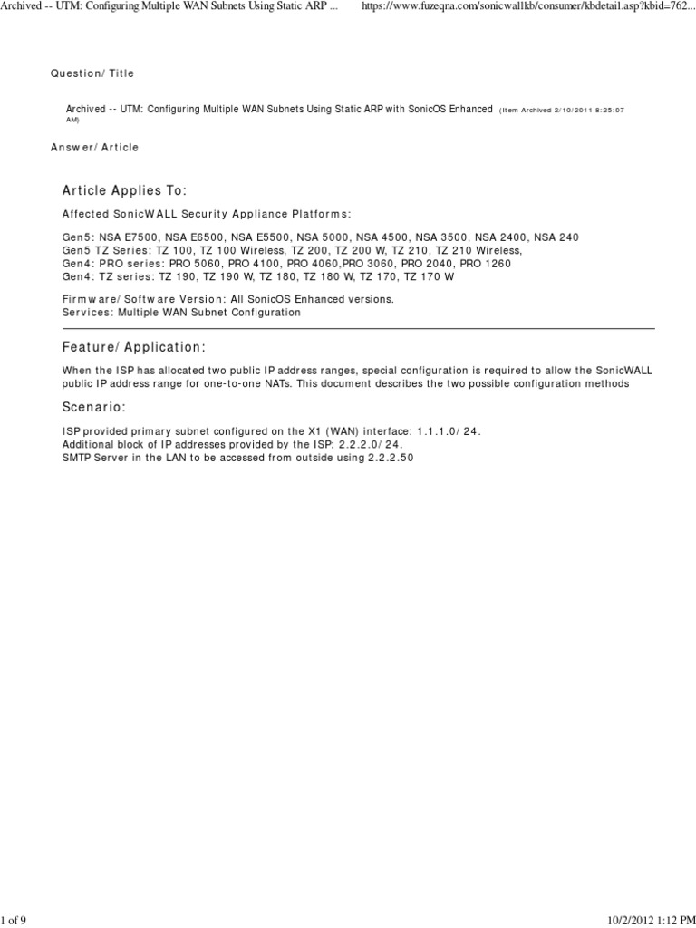 Configuring Multiple WAN Subnets Using Static ARP With SonicOS Enhanced | PDF | Ip Address ...