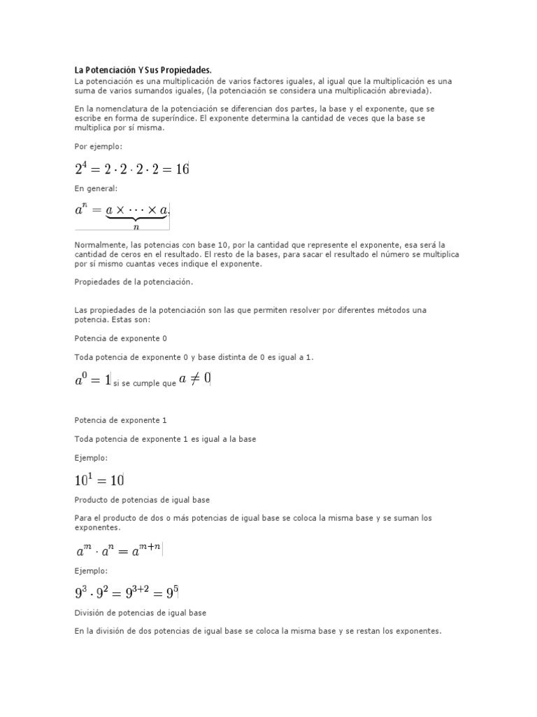 La Potenciación Y Sus Propiedades | Descargar gratis PDF | Exponenciación | Multiplicación
