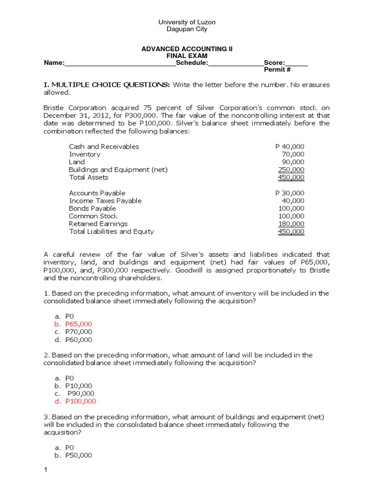 Advanced Accounting Exam | PDF | Balance Sheet | Mergers And Acquisitions