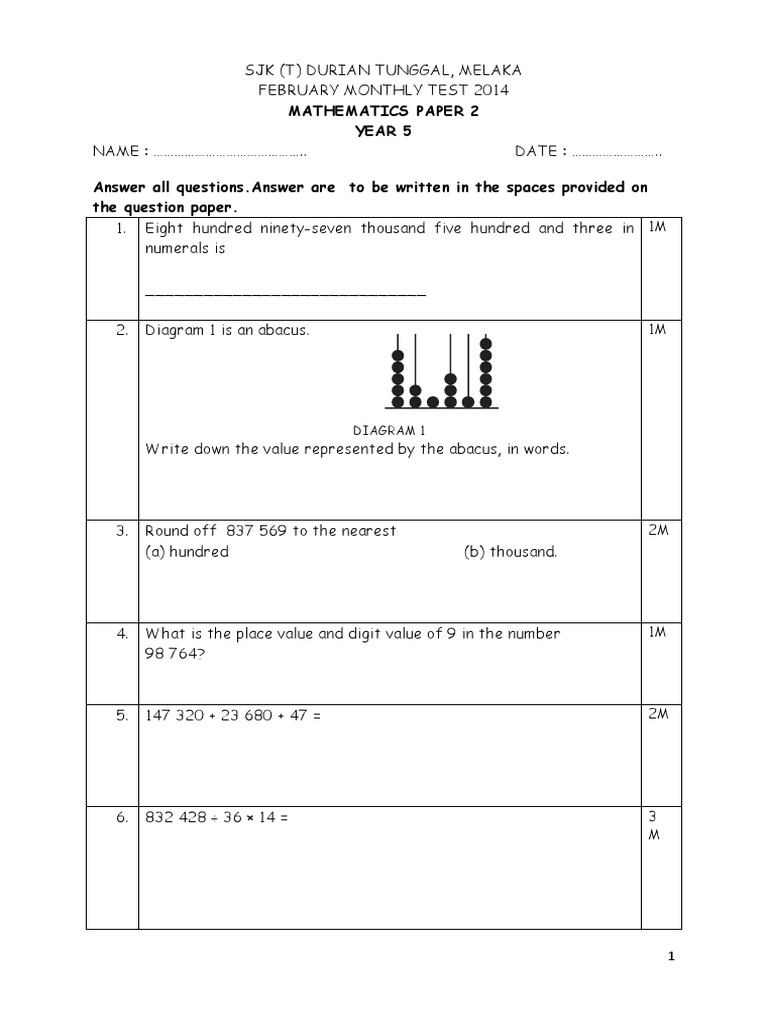 Mathematics Paper 2 Year 5 Answer All Questions - Answer Are To Be ...