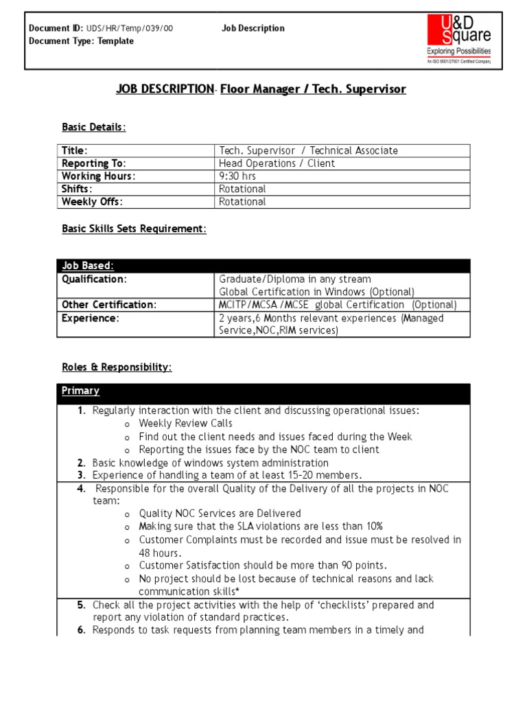 Floor Manager Supervisor JD | PDF | Business | Computing And ...