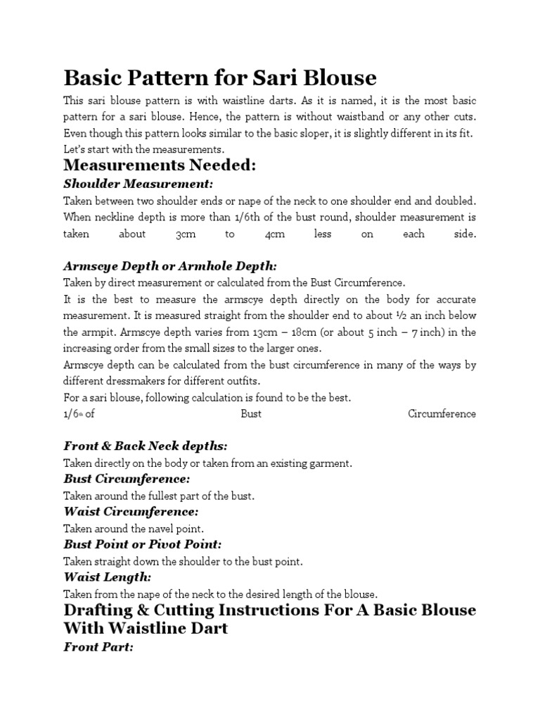 Basic Pattern For Sari Blouse | PDF | Blouse | Waist