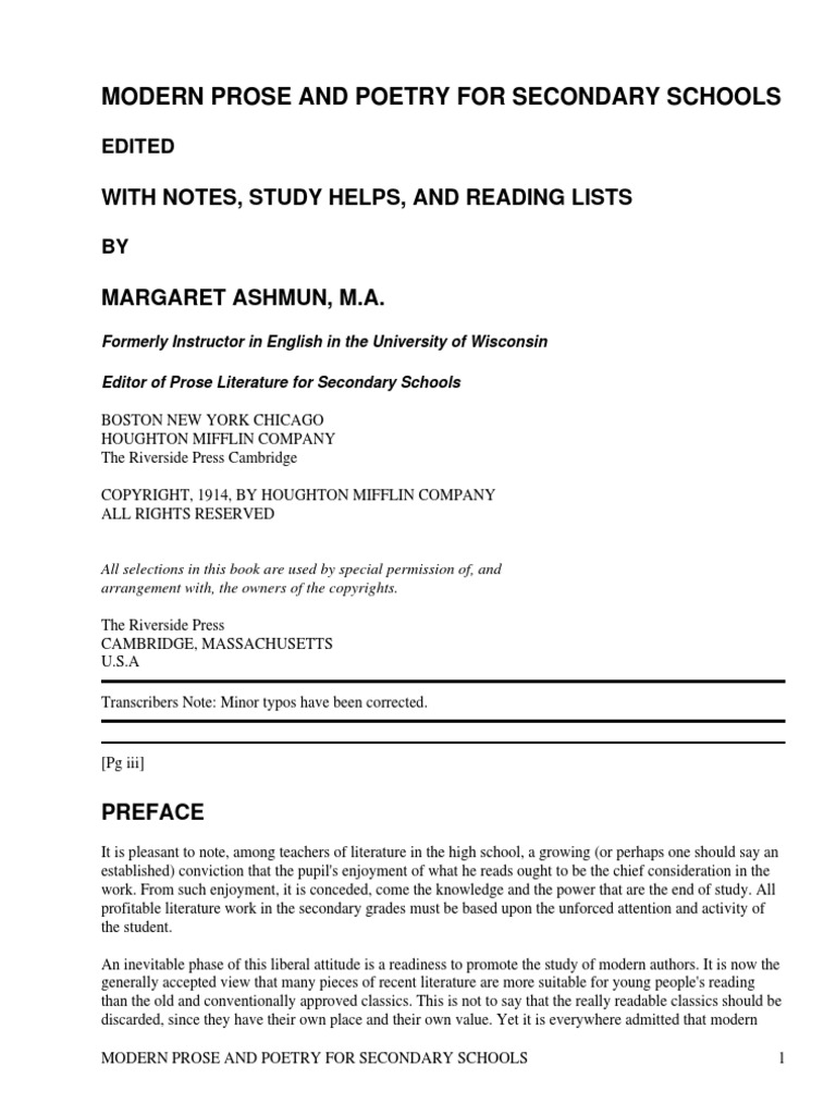 Modern Prose and Poetry For Secondary SchoolsEdited With Notes, Study ...
