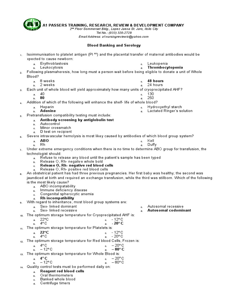 Blood Banking and Serology and Immunology- Refresher Exam With Answers ...