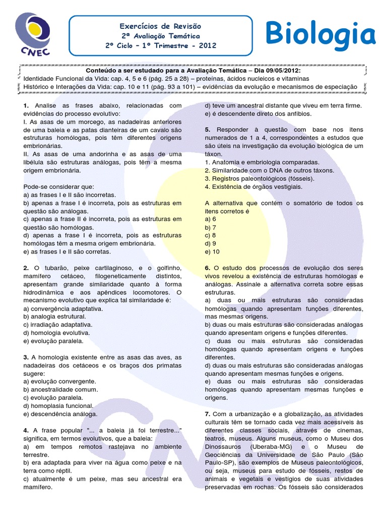 Exercicios de Revisao 2a Avaliacao Tematica 1o Colegial | PDF | Ácidos nucleicos | DNA