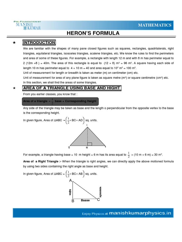 Heron's Formular Surface Areas and Volumes & Triangles | PDF | Area ...