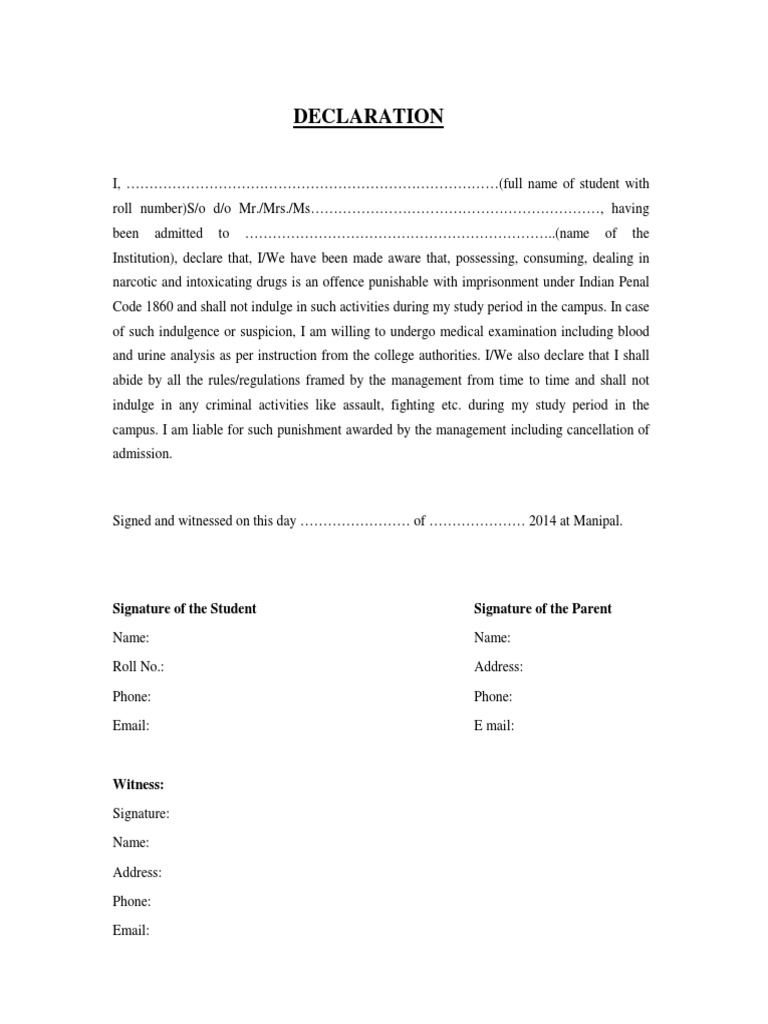 Anti-Drug Declaration for Students | PDF