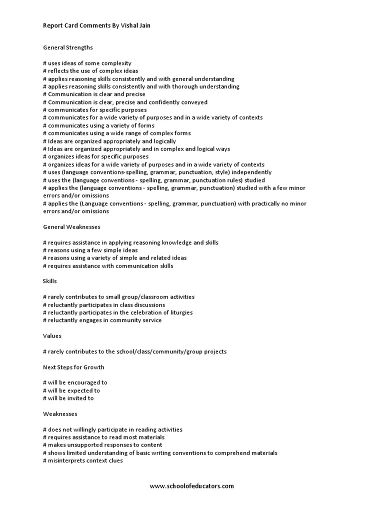 Report Card Comments | PDF | Reading (Process) | Reading Comprehension