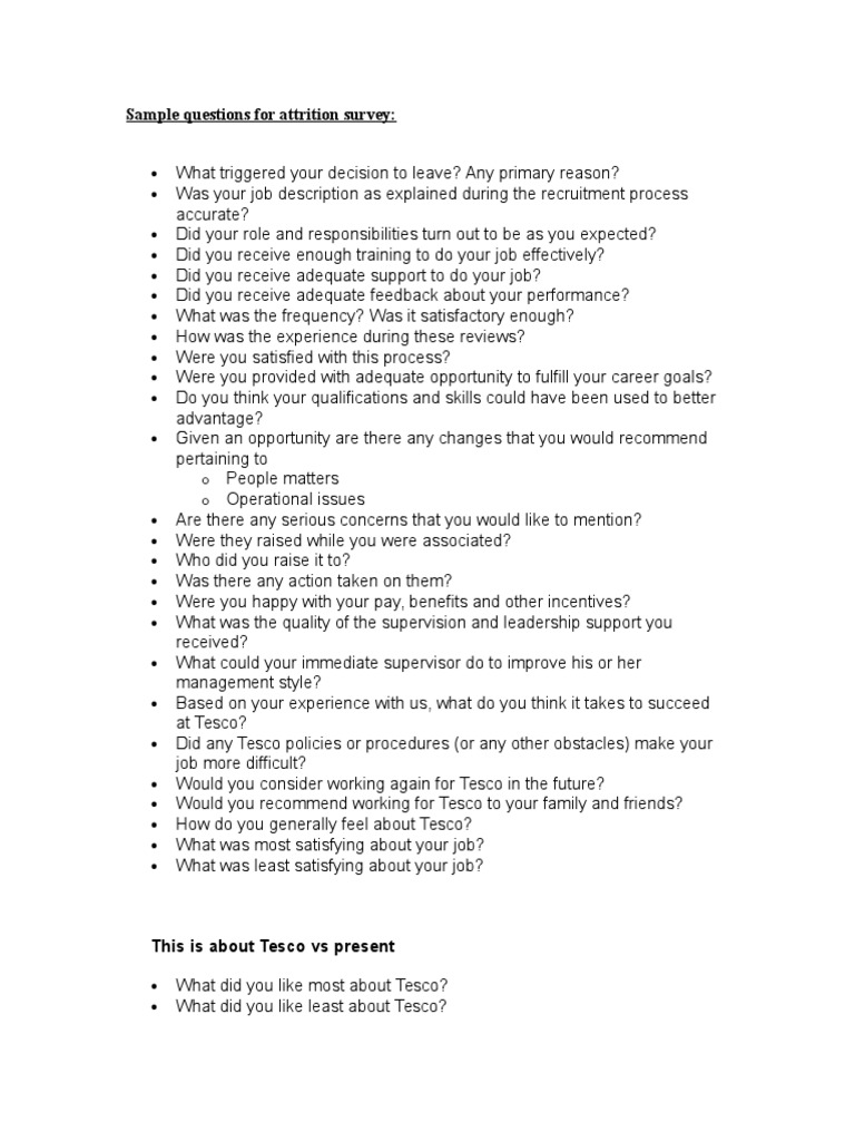 Sample Questions For Attrition Survey | PDF
