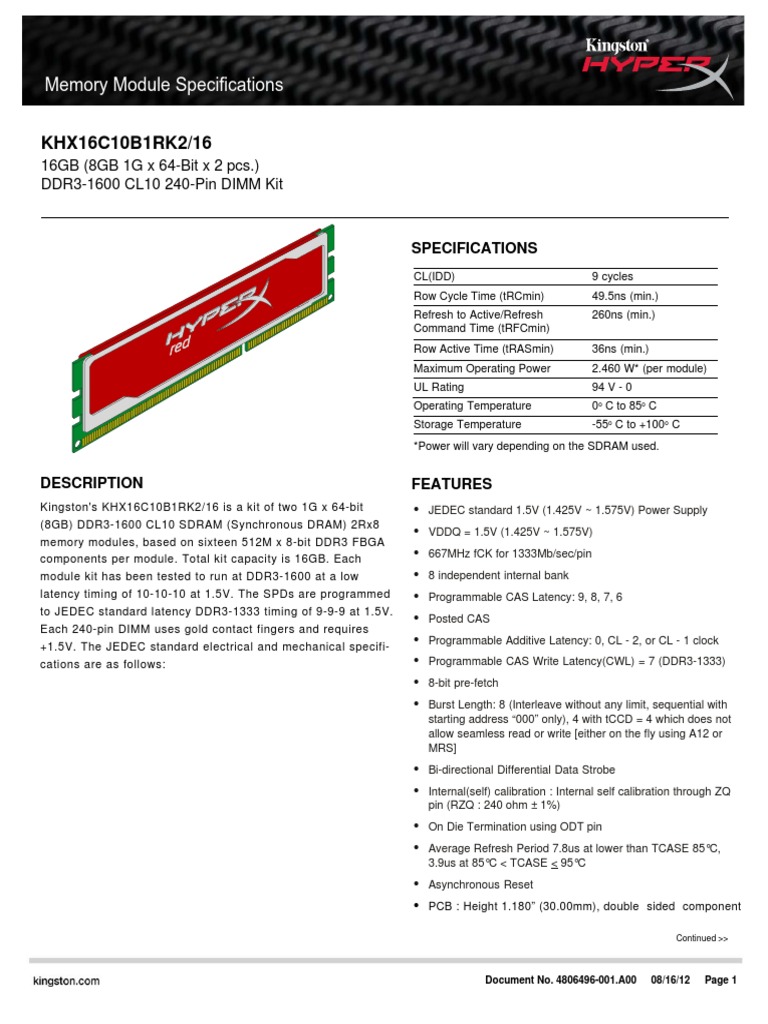 KHX16C10B1RK2/16: Memory Module Specifi Cations | PDF | Dynamic Random Access Memory | Digital ...