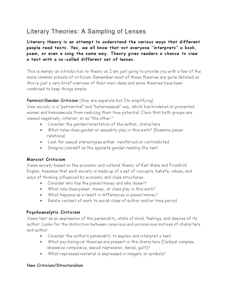 Literary Theories: A Sampling of Lenses: Feminist/Gender Criticism ...